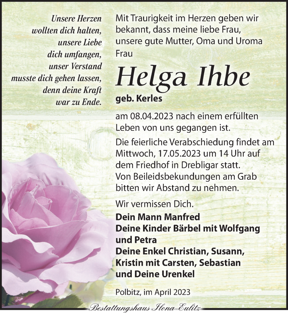 Traueranzeigen von Helga Ihbe | trauer-anzeigen.de