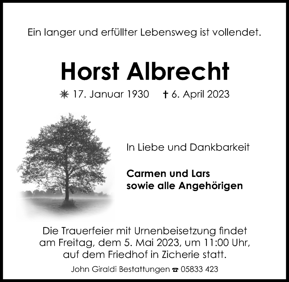 Traueranzeigen von Horst Albrecht | trauer-anzeigen.de