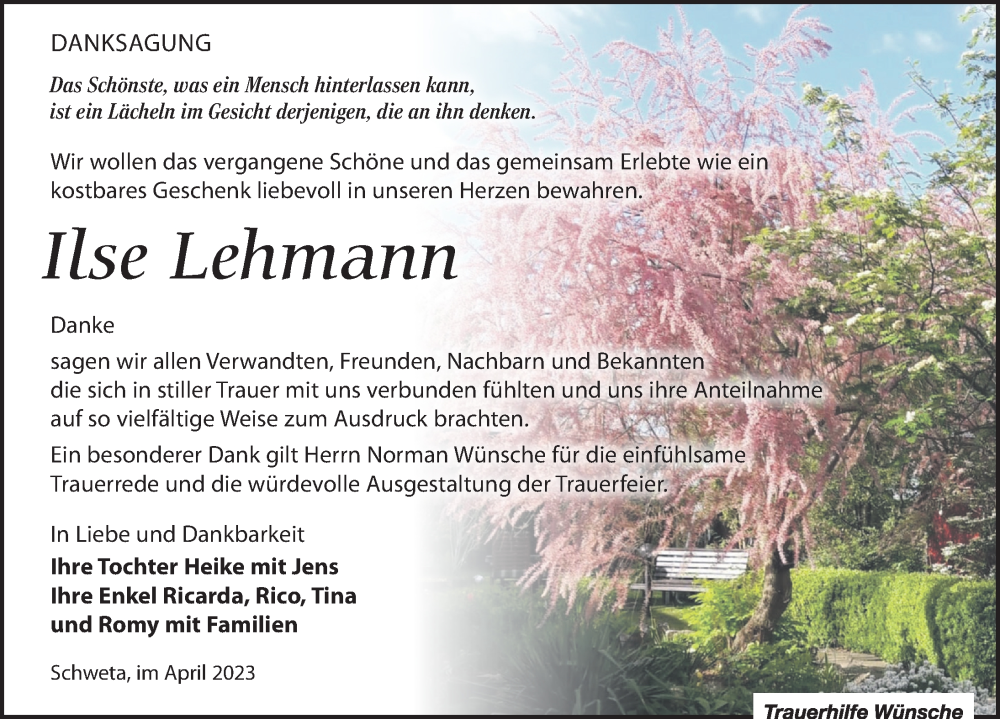 Traueranzeigen von Ilse Lehmann | trauer-anzeigen.de