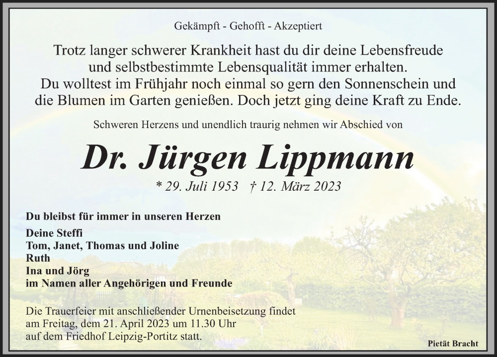 Traueranzeigen von Jürgen Lippmann | trauer-anzeigen.de