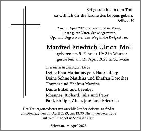 Traueranzeigen von Manfred Friedrich Ulrich Moll | trauer-anzeigen.de