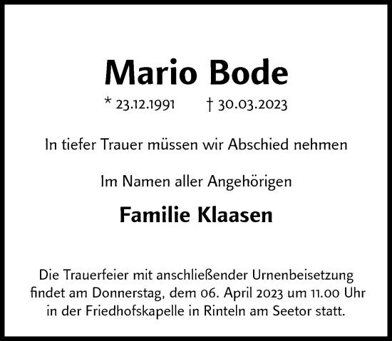 Traueranzeigen von Mario Bode | trauer-anzeigen.de