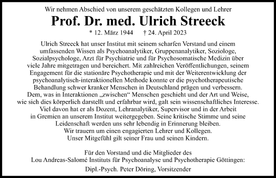 Traueranzeigen von Ulrich Streeck | trauer-anzeigen.de