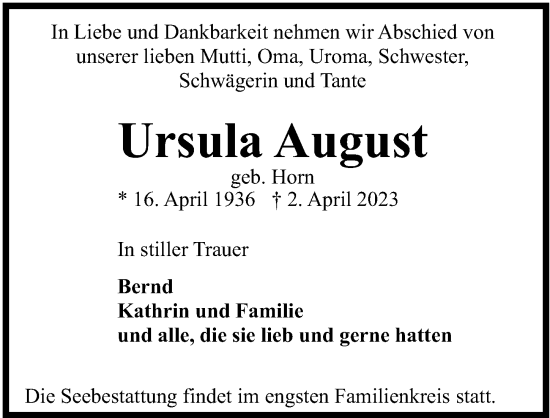 Traueranzeigen von Ursula August | trauer-anzeigen.de