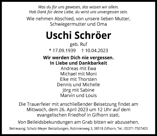 Traueranzeigen von Uschi Schröer | trauer-anzeigen.de