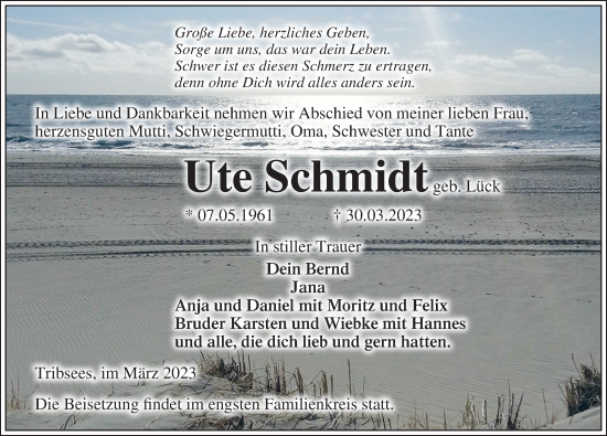 Traueranzeigen von Ute Schmidt | trauer-anzeigen.de
