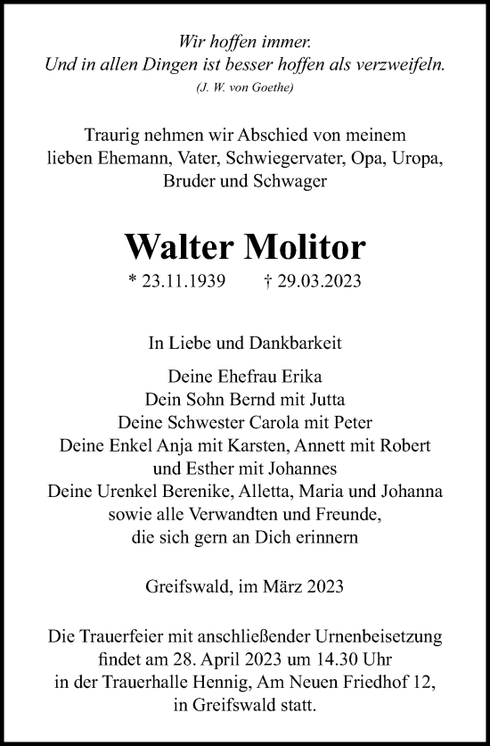 Traueranzeigen von Walter Molitor | trauer-anzeigen.de