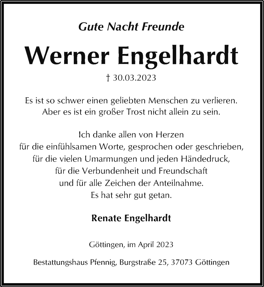 Traueranzeigen von Werner Engelhardt | trauer-anzeigen.de