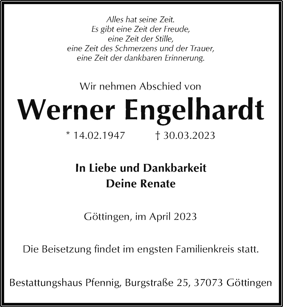 Traueranzeigen von Werner Engelhardt | trauer-anzeigen.de