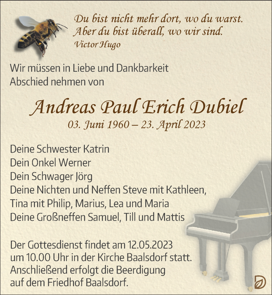 Traueranzeigen von Andreas Paul Erich Dubiel | trauer-anzeigen.de