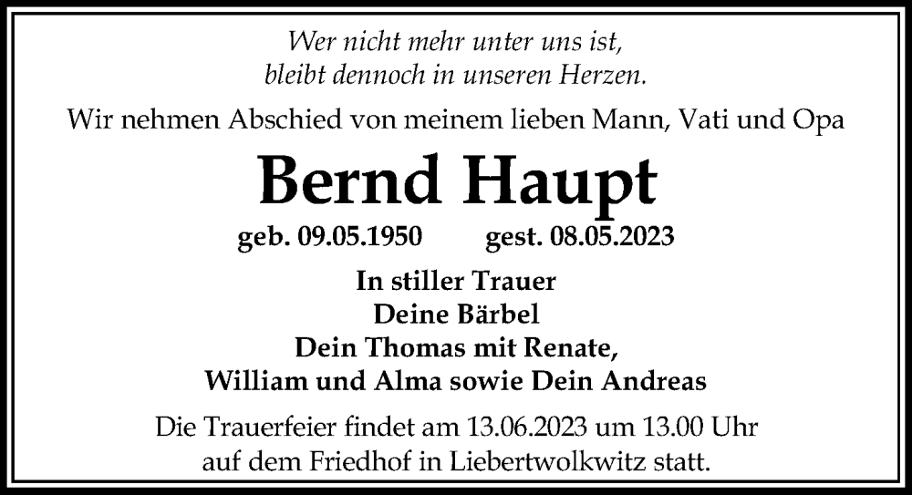 Traueranzeigen von Bernd Haupt | trauer-anzeigen.de