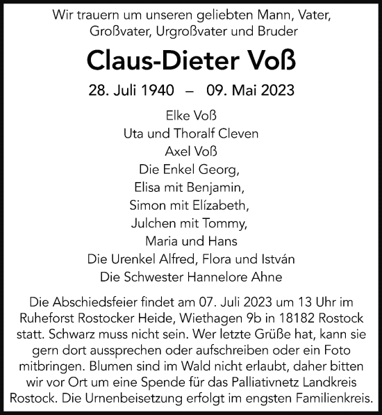 Traueranzeigen von Claus-Dieter Voß | trauer-anzeigen.de