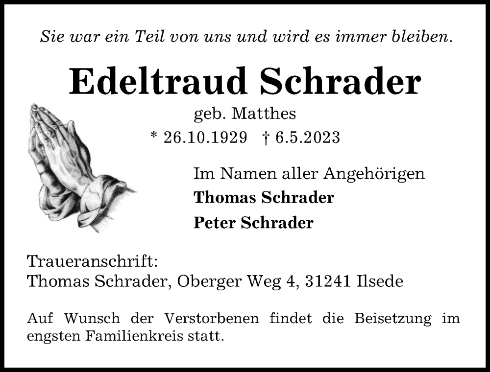 Traueranzeigen von Edeltraud Schrader | trauer-anzeigen.de