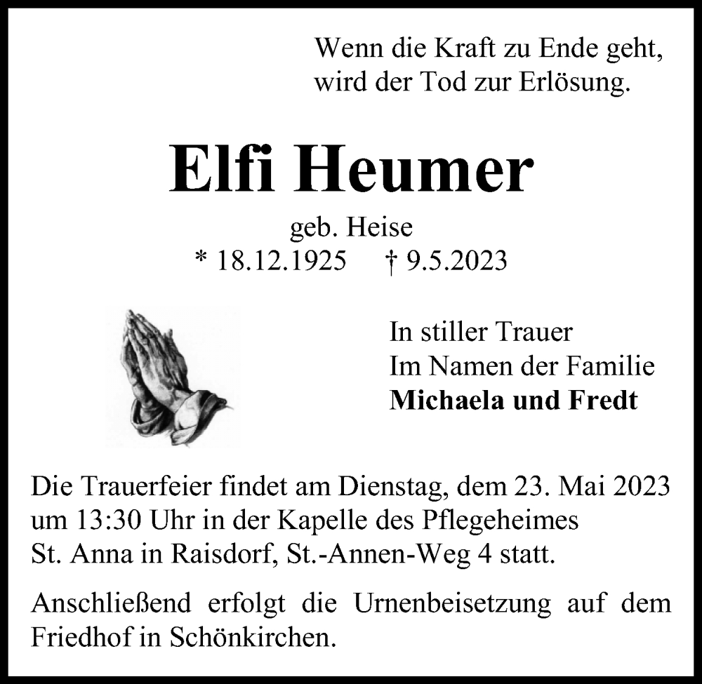 Traueranzeigen von Elfi Heumer | trauer-anzeigen.de