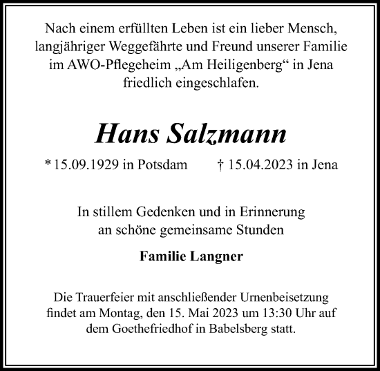Traueranzeigen von Hans Salzmann | trauer-anzeigen.de