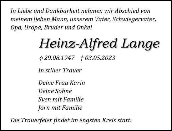 Traueranzeigen von Heinz-Alfred Lange | trauer-anzeigen.de