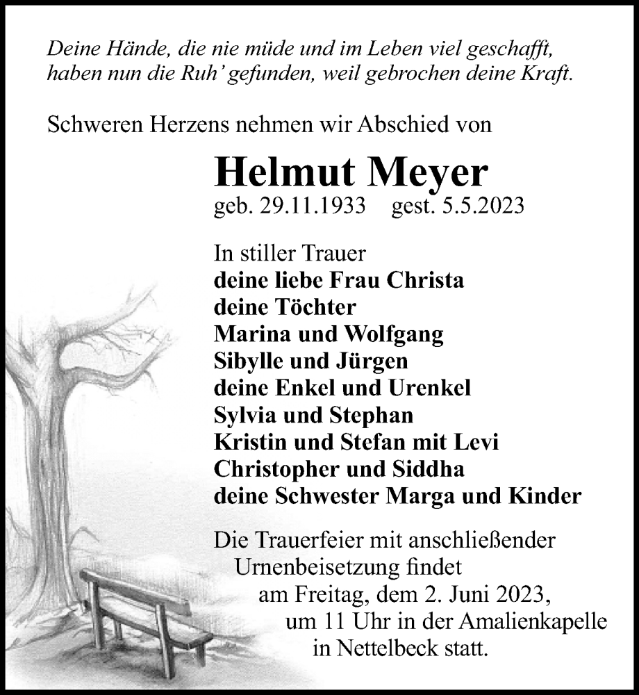 Traueranzeigen von Helmut Meyer | trauer-anzeigen.de