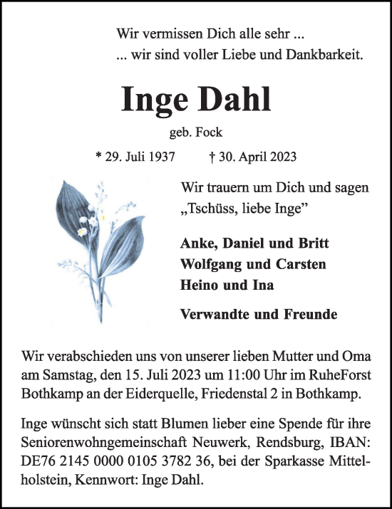 Traueranzeigen von Inge Dahl | trauer-anzeigen.de