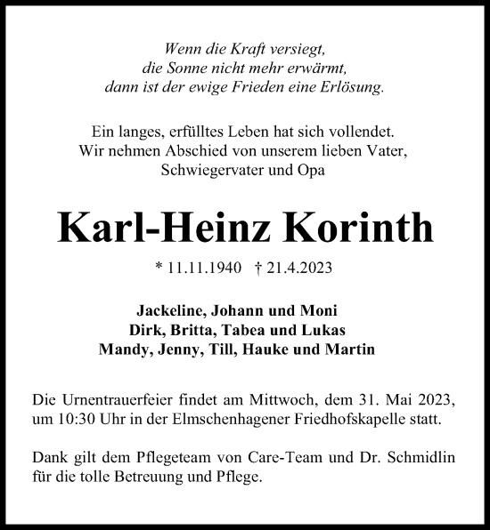 Traueranzeigen von Karl-Heinz Korinth | trauer-anzeigen.de