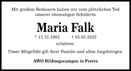Traueranzeigen von Maria Falk | trauer-anzeigen.de