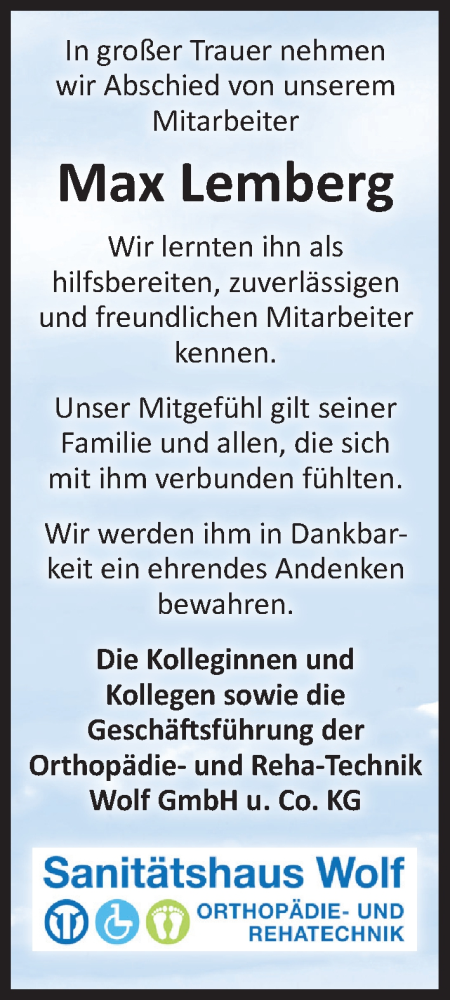 Traueranzeigen von Max Lemberg | trauer-anzeigen.de