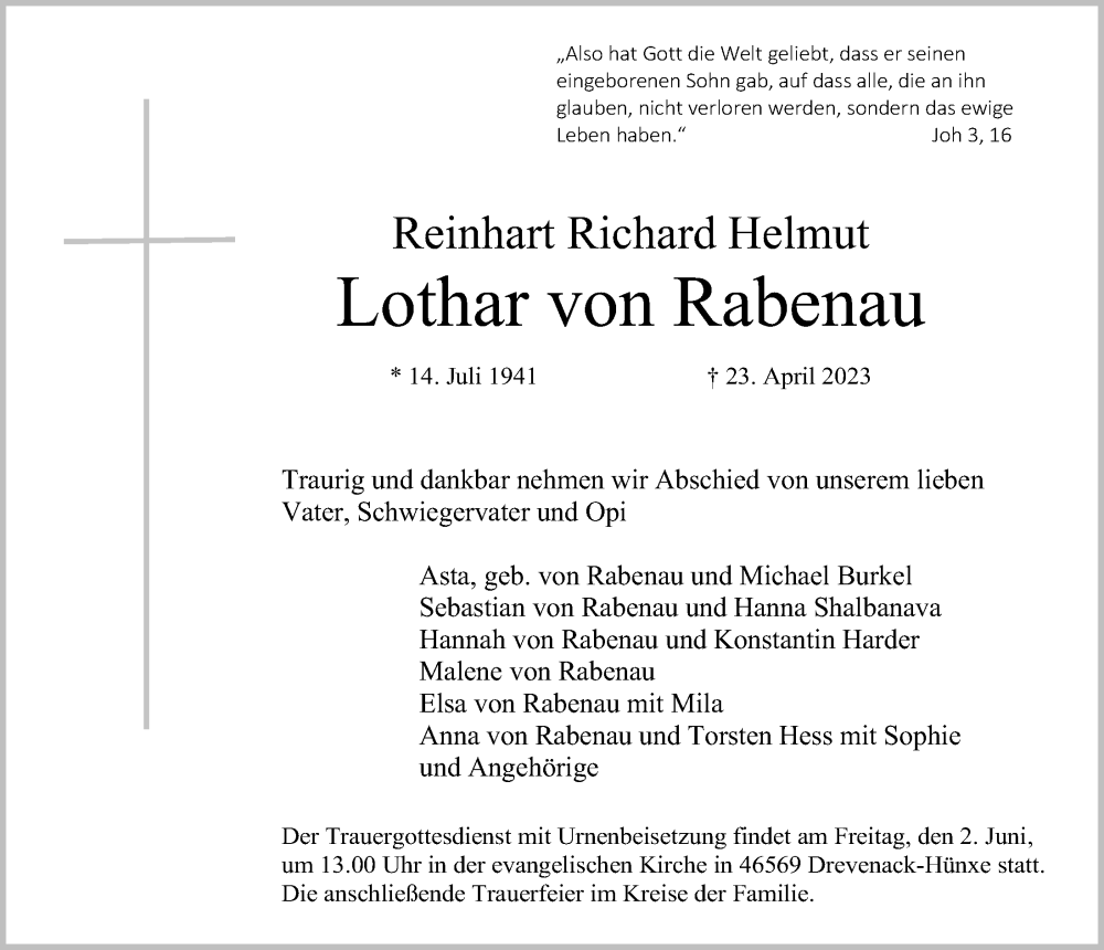 Traueranzeigen von Reinhart Richard Helmut Lothar von Rabenau | trauer ...