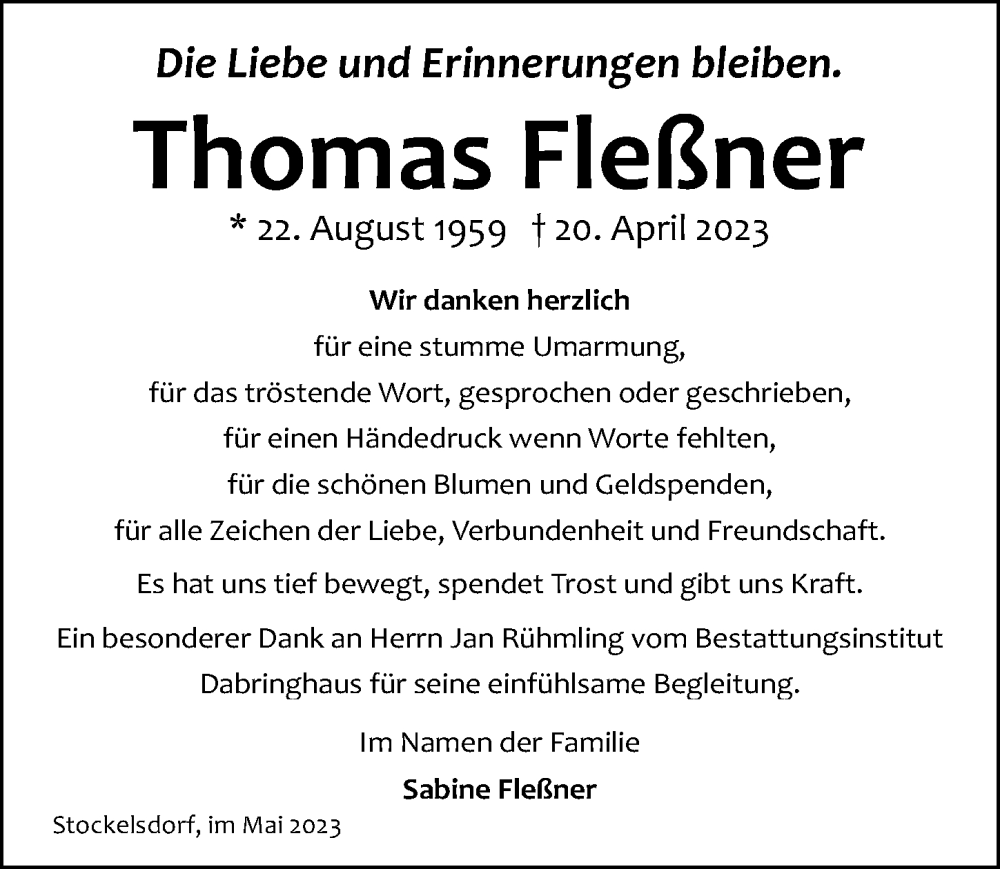 Traueranzeigen von Thomas Fleßner | trauer-anzeigen.de