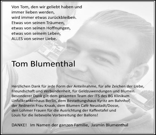 Traueranzeigen von Tom Blumenthal | trauer-anzeigen.de
