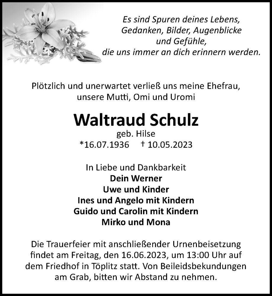 Traueranzeigen von Waltraud Schulz | trauer-anzeigen.de