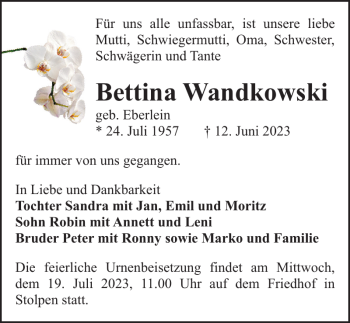 Traueranzeigen von Bettina Wandkowski | trauer-anzeigen.de