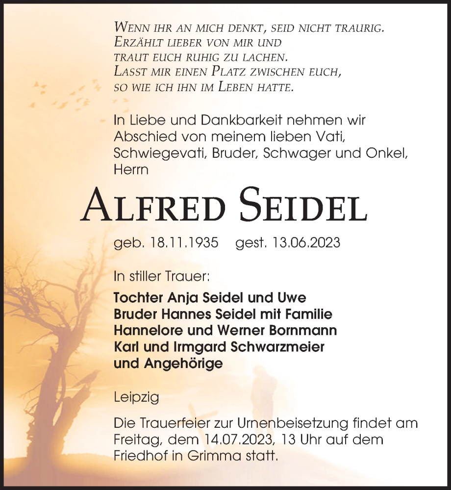 Traueranzeigen von Alfred Seidel | trauer-anzeigen.de