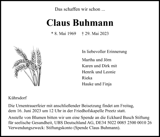 Traueranzeigen von Claus Buhmann | trauer-anzeigen.de