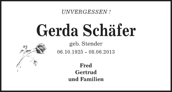 Traueranzeigen von Gerda Schäfer | trauer-anzeigen.de