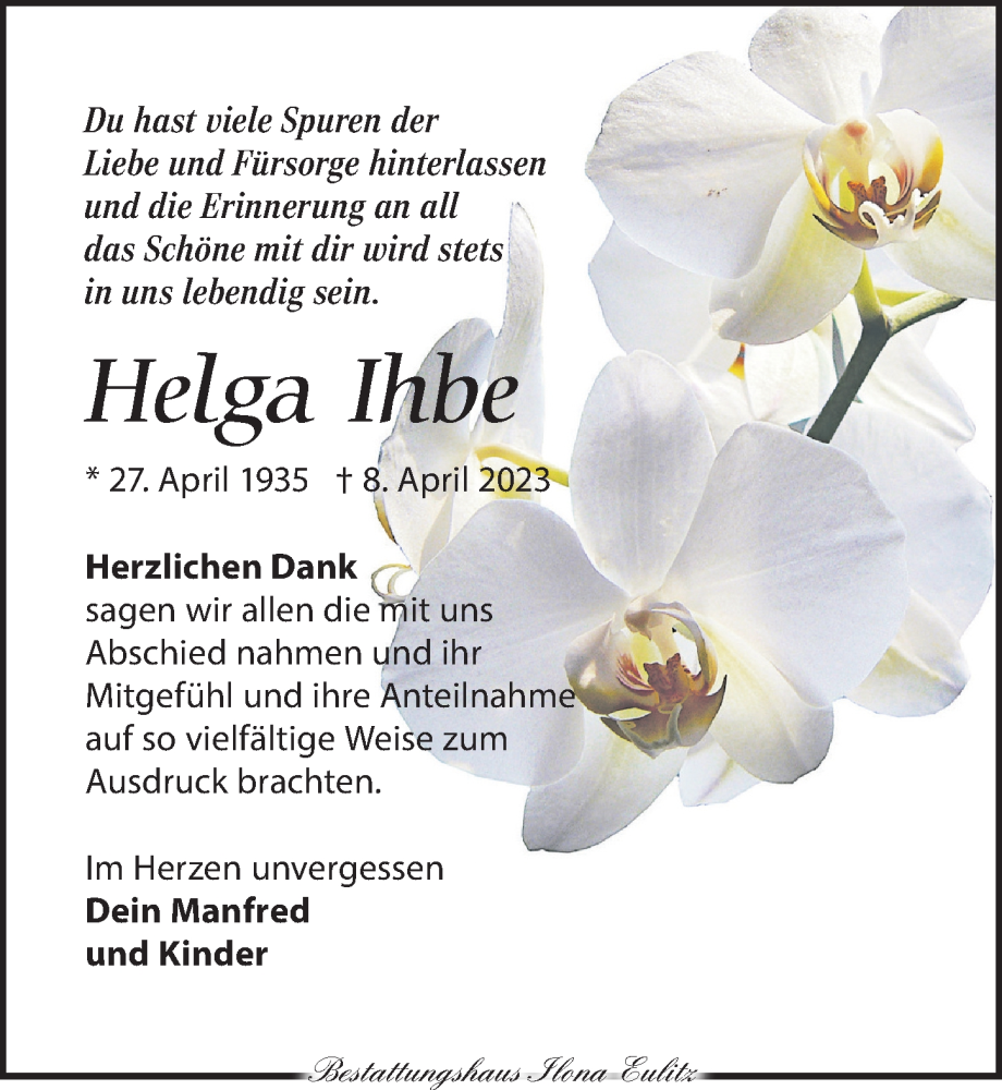 Traueranzeigen von Helga Ihbe | trauer-anzeigen.de