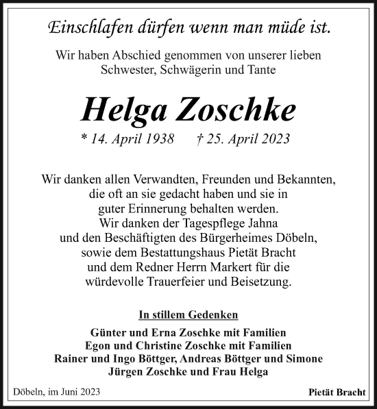 Traueranzeigen von Helga Zoschke | trauer-anzeigen.de