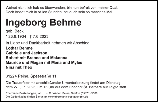 Traueranzeigen von Ingeborg Behme | trauer-anzeigen.de