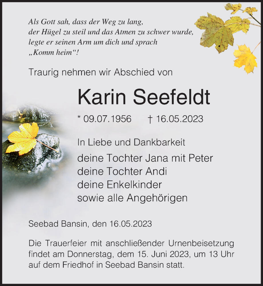 Traueranzeigen von Karin Seefeldt | trauer-anzeigen.de