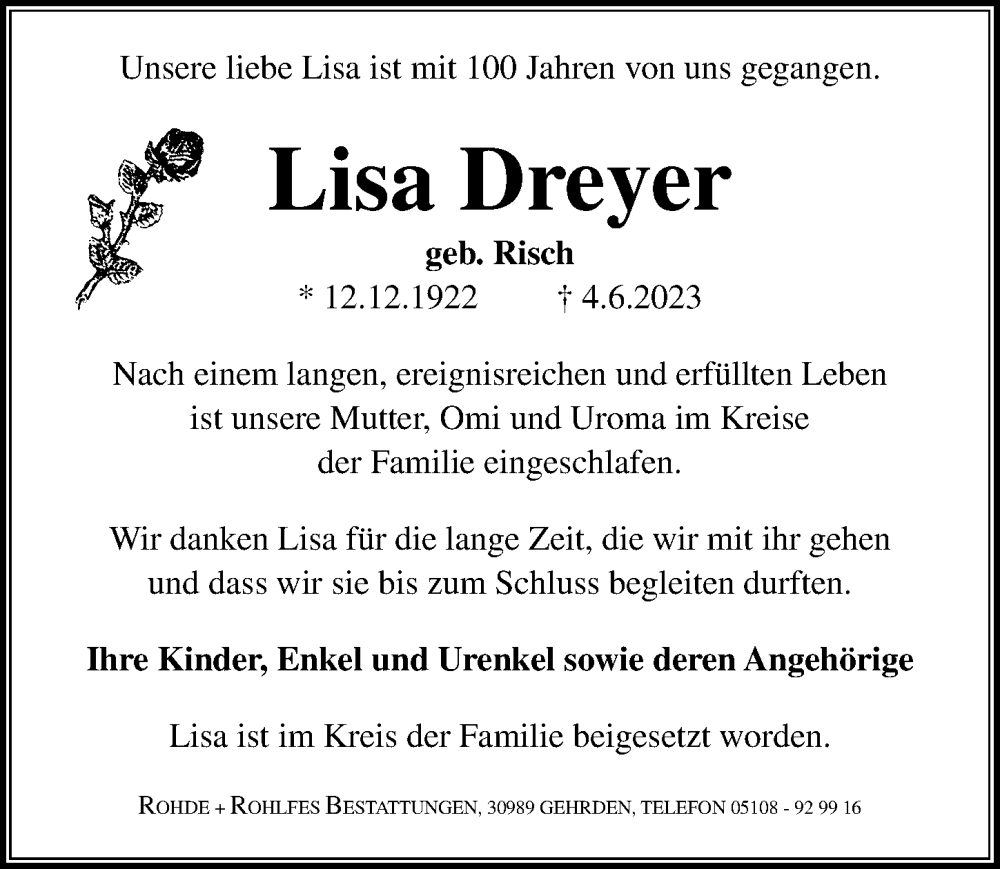 Traueranzeigen von Lisa Dreyer | trauer-anzeigen.de