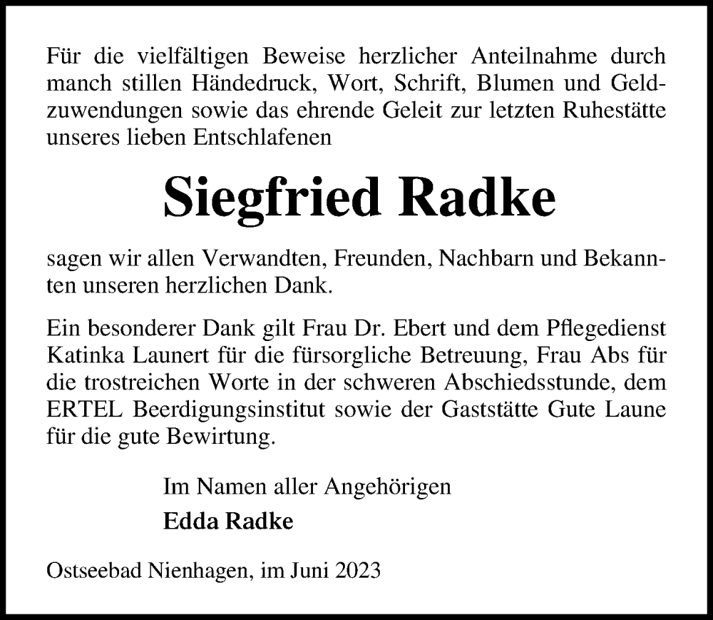 Traueranzeigen von Siegfried Radke | trauer-anzeigen.de