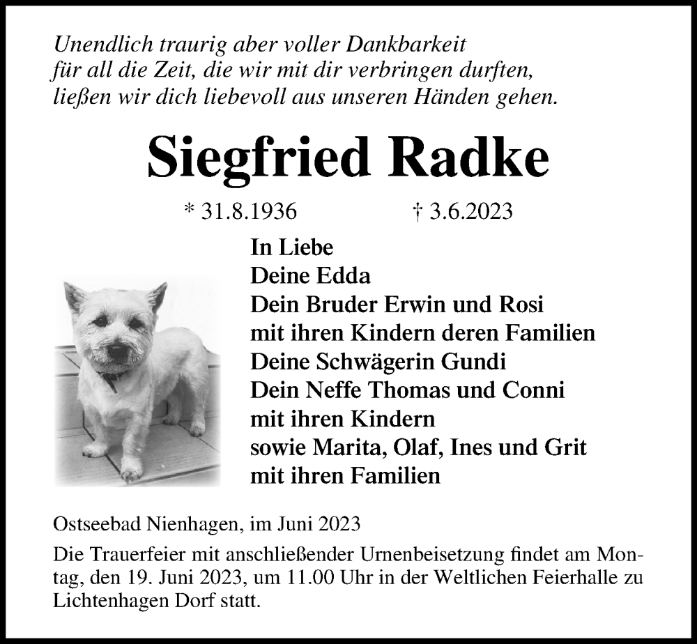 Traueranzeigen von Siegfried Radke | trauer-anzeigen.de