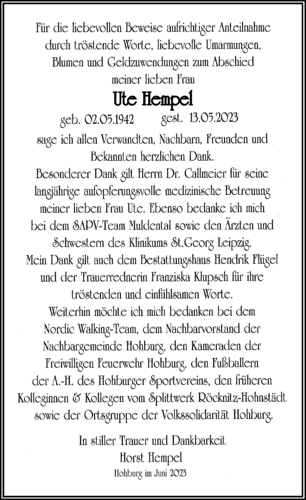 Traueranzeigen von Ute Hempel | trauer-anzeigen.de