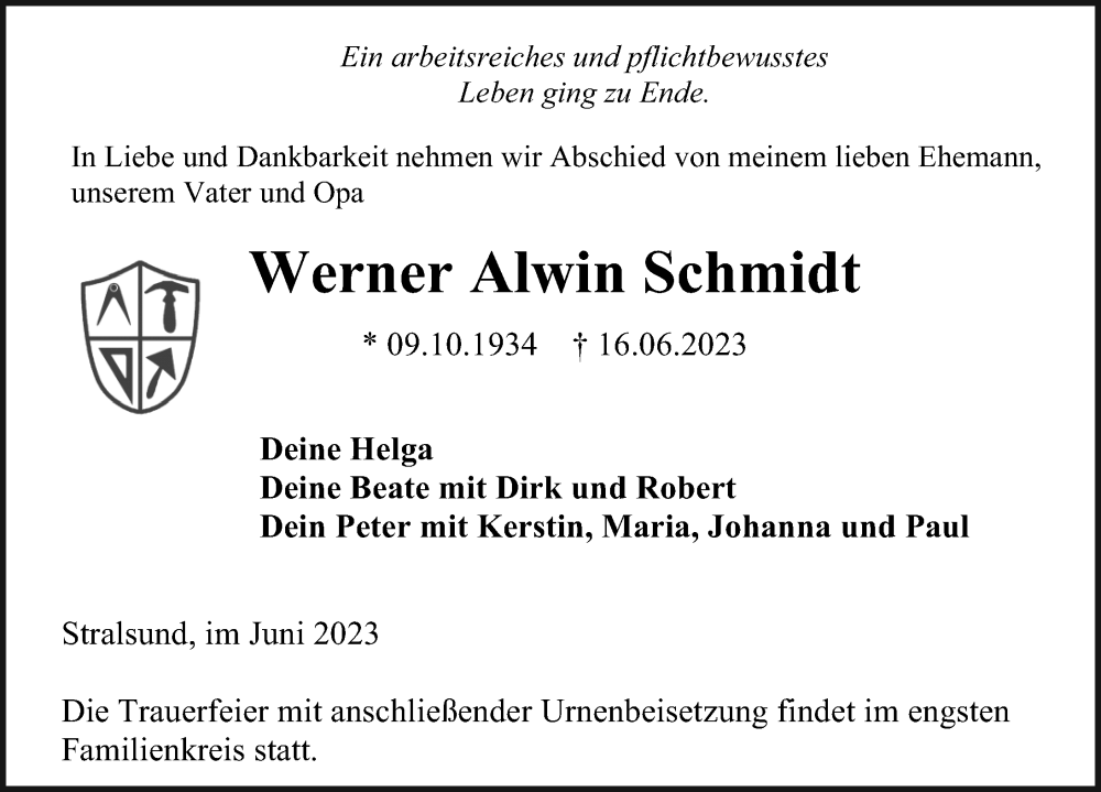 Traueranzeigen von Werner Alwin Schmidt | trauer-anzeigen.de