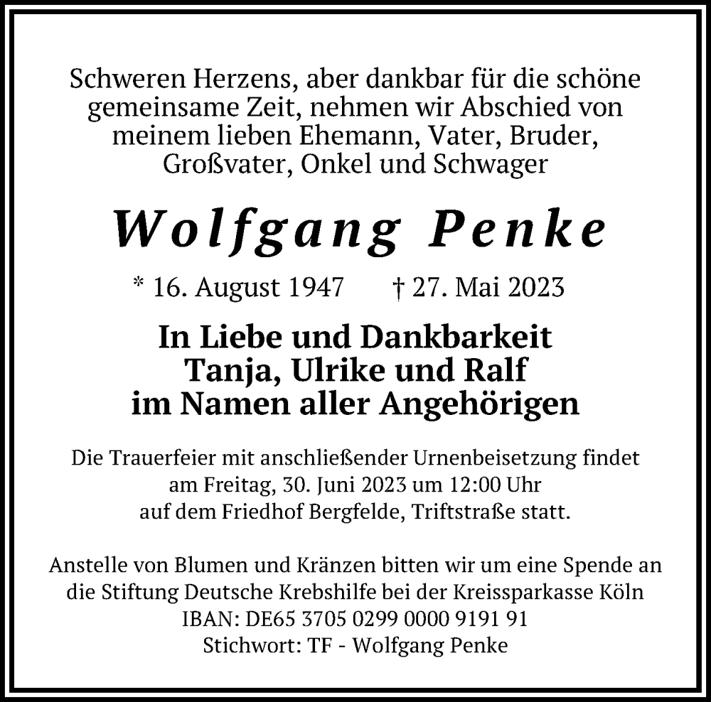 Traueranzeigen von Wolfgang Penke | trauer-anzeigen.de