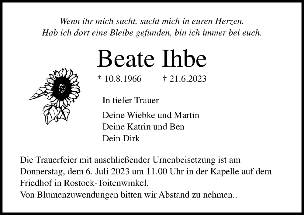 Traueranzeigen von Beate Ihbe | trauer-anzeigen.de