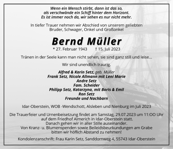 Traueranzeigen von Bernd Müller | trauer-anzeigen.de