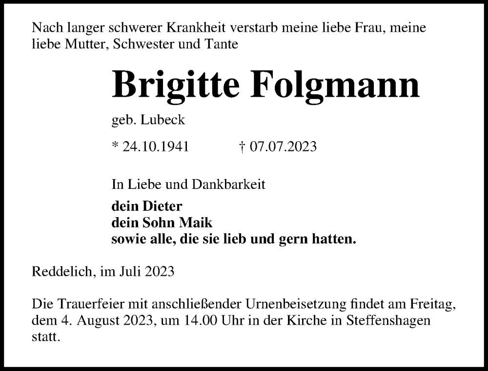 Traueranzeigen von Brigitte Folgmann | trauer-anzeigen.de