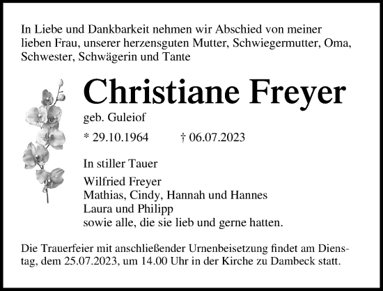 Traueranzeigen von Christiane Freyer | trauer-anzeigen.de
