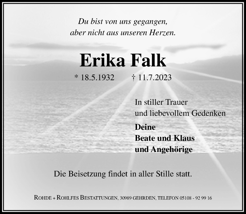Traueranzeigen von Erika Falk | trauer-anzeigen.de