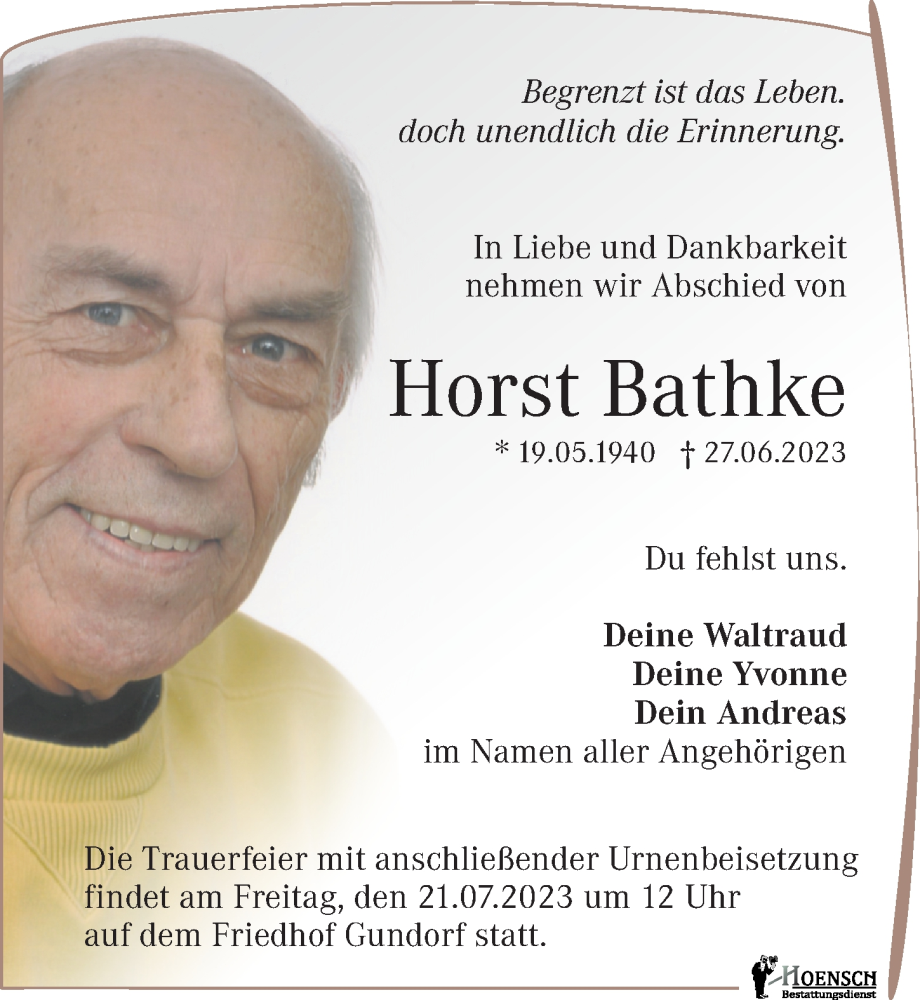 Traueranzeigen von Horst Bathke | trauer-anzeigen.de