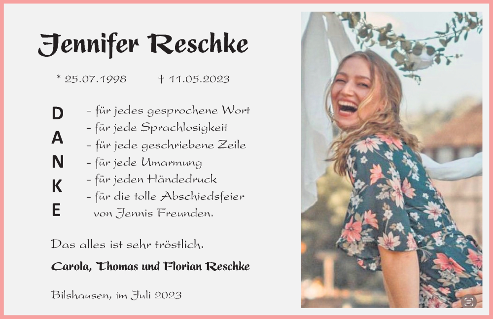 Traueranzeigen von Jennifer Reschke | trauer-anzeigen.de